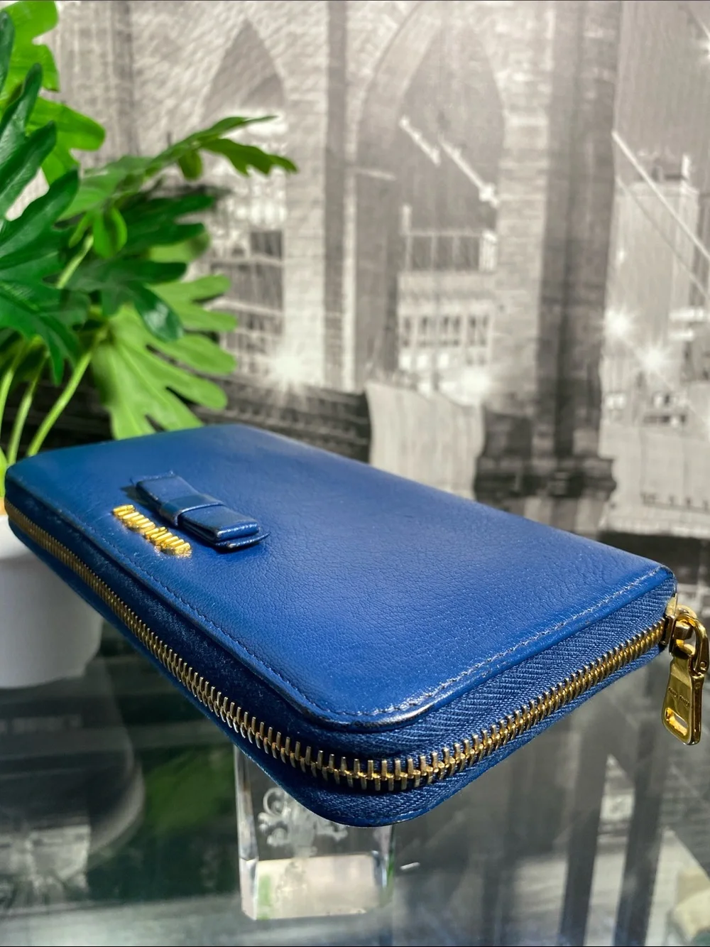 Miu Miu | Bags | Authentic Miu Miu Bow Blue Leather Long Wallet In Rich ...